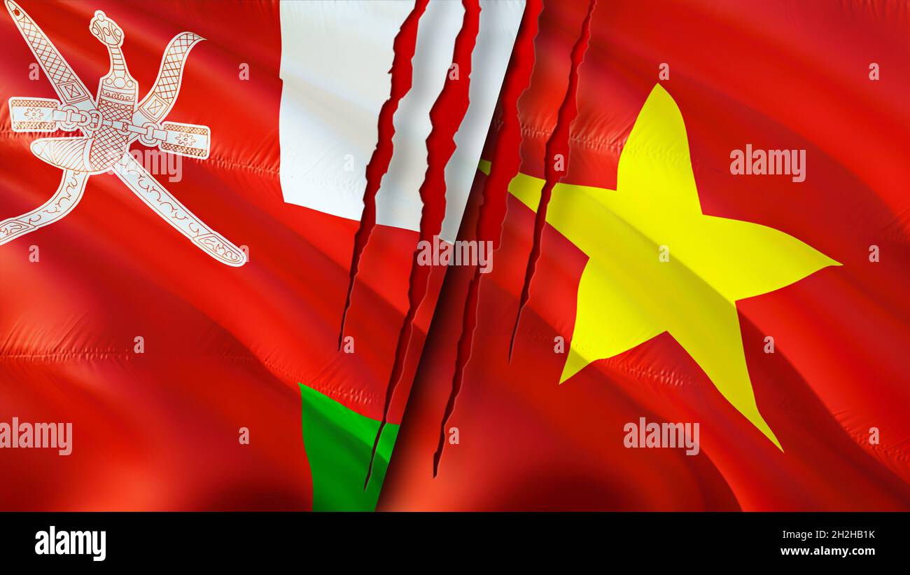 Oman and Vietnam flags with scar concept. Waving flag,3D rendering ...