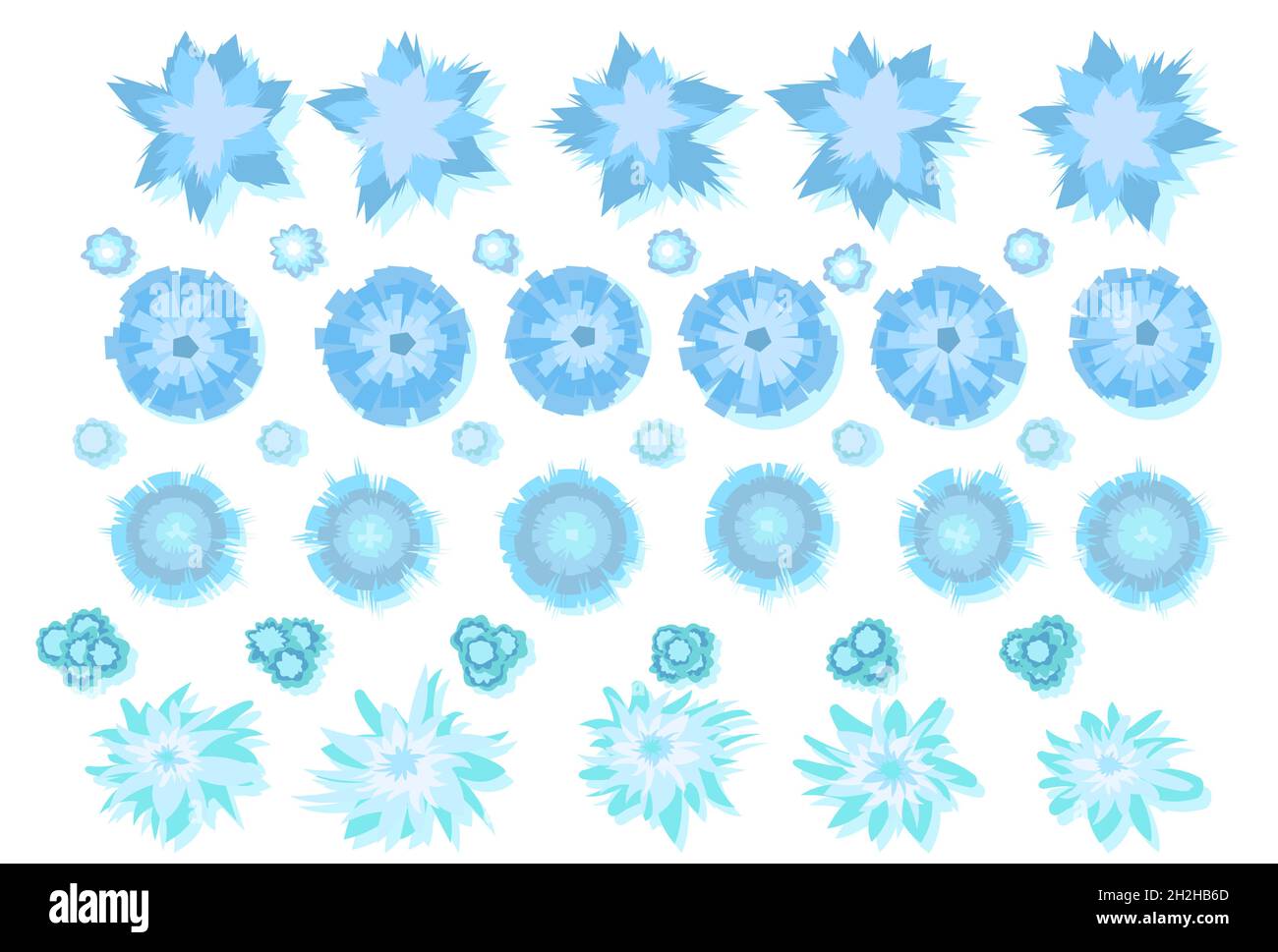 Set of Winter bushes for landscape top view. Snowy frosty nature in ...