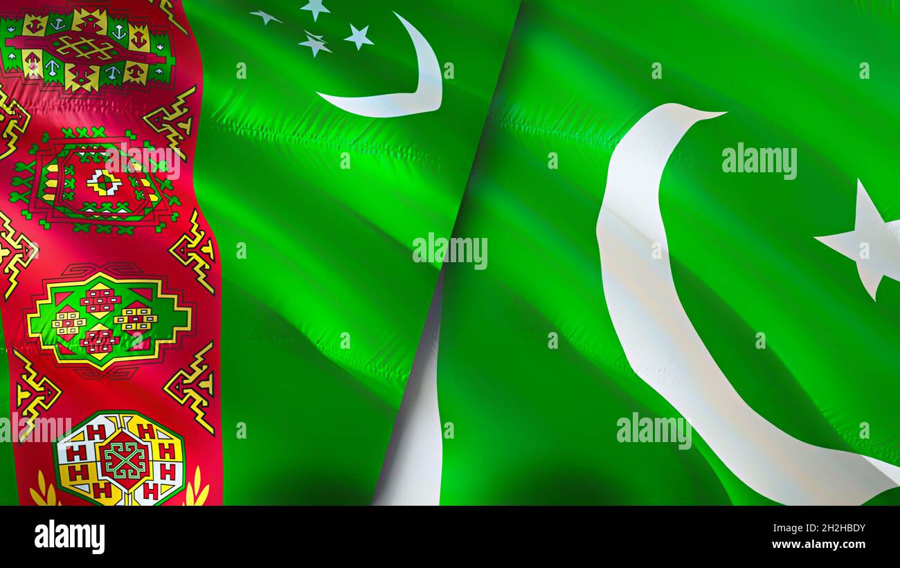 Turkmenistan and Pakistan flags. 3D Waving flag design. Turkmenistan ...