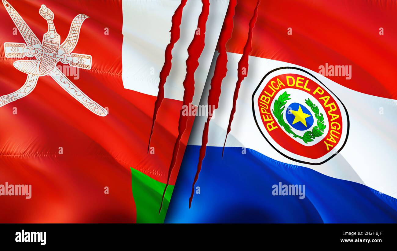 Oman and Paraguay flags with scar concept. Waving flag,3D rendering ...
