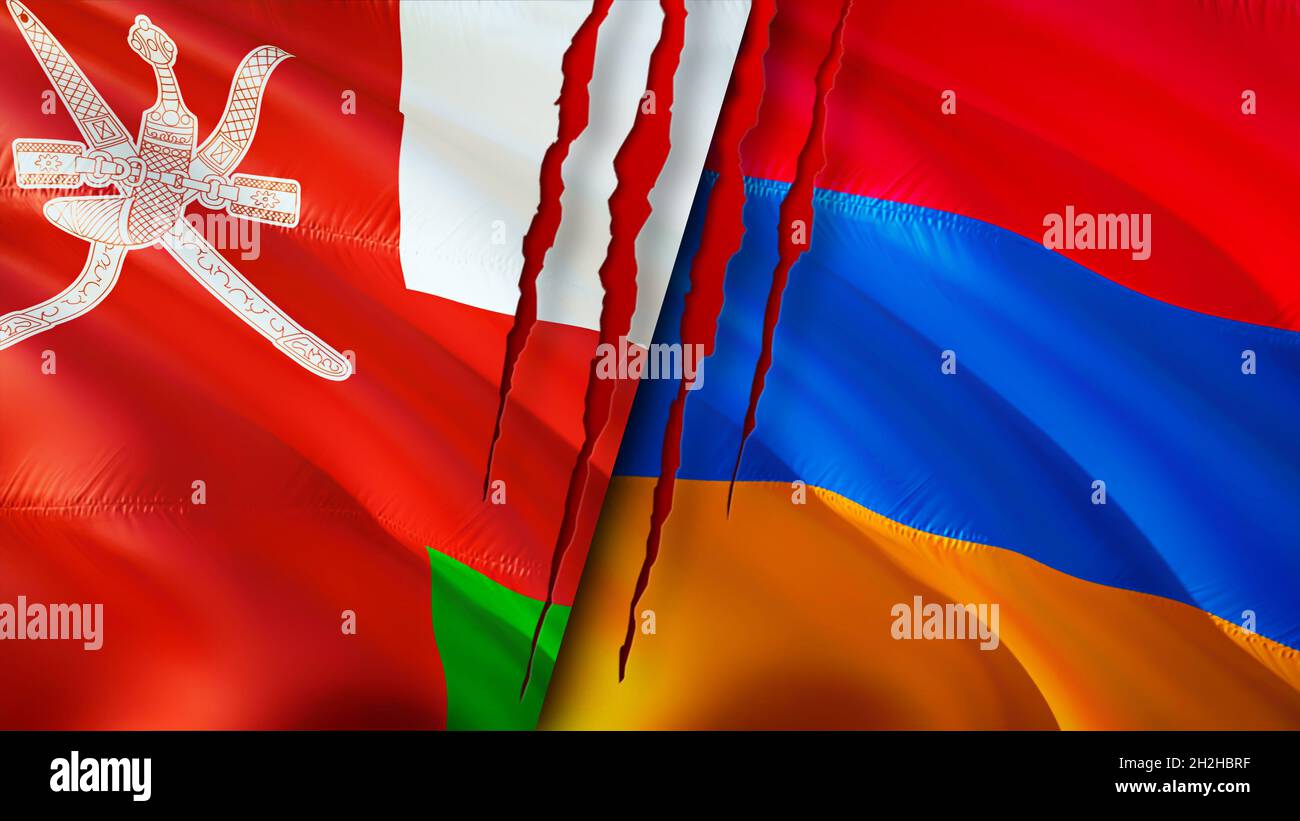 Oman and Armenia flags with scar concept. Waving flag,3D rendering ...