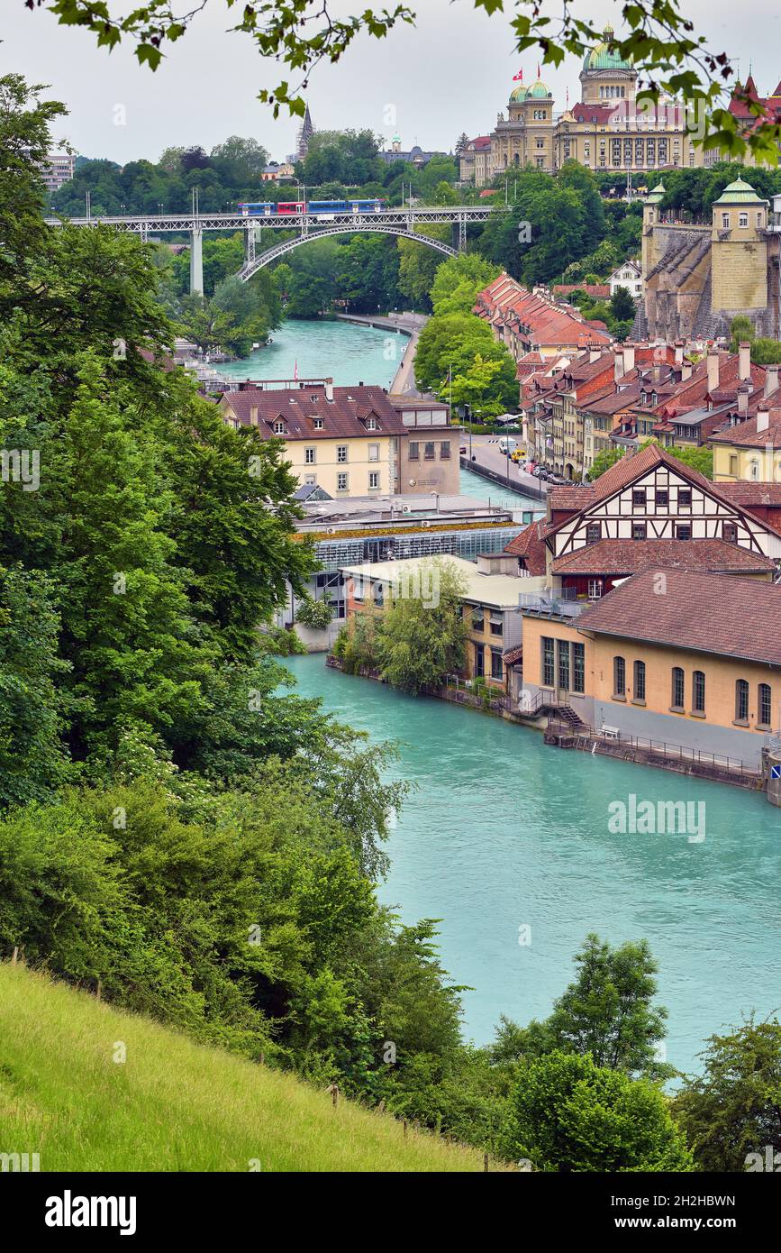 Scenic view at the banks of Aare river at the streets of Bern ...