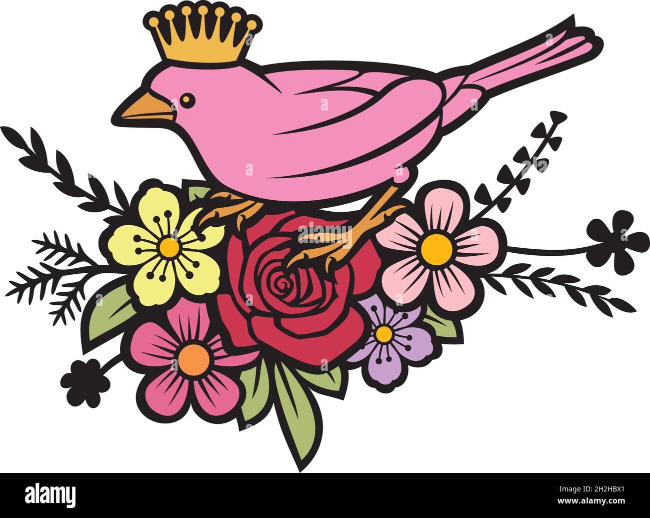 Bird in flowers with crown color vector oillustration Stock Vector ...