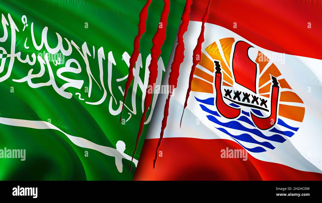 Saudi Arabia and French Polynesia flags with scar concept. Waving flag ...