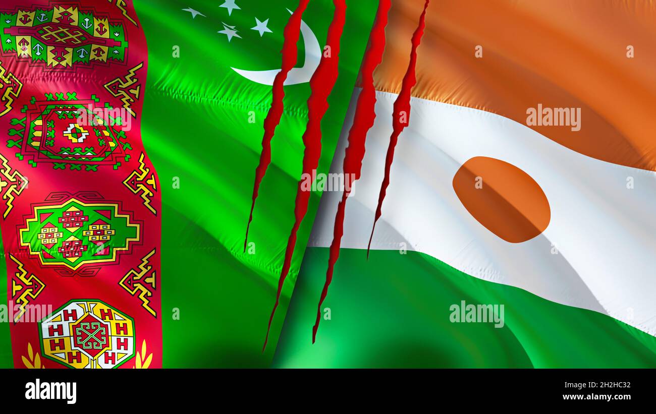 Turkmenistan and Niger flags with scar concept. Waving flag 3D ...