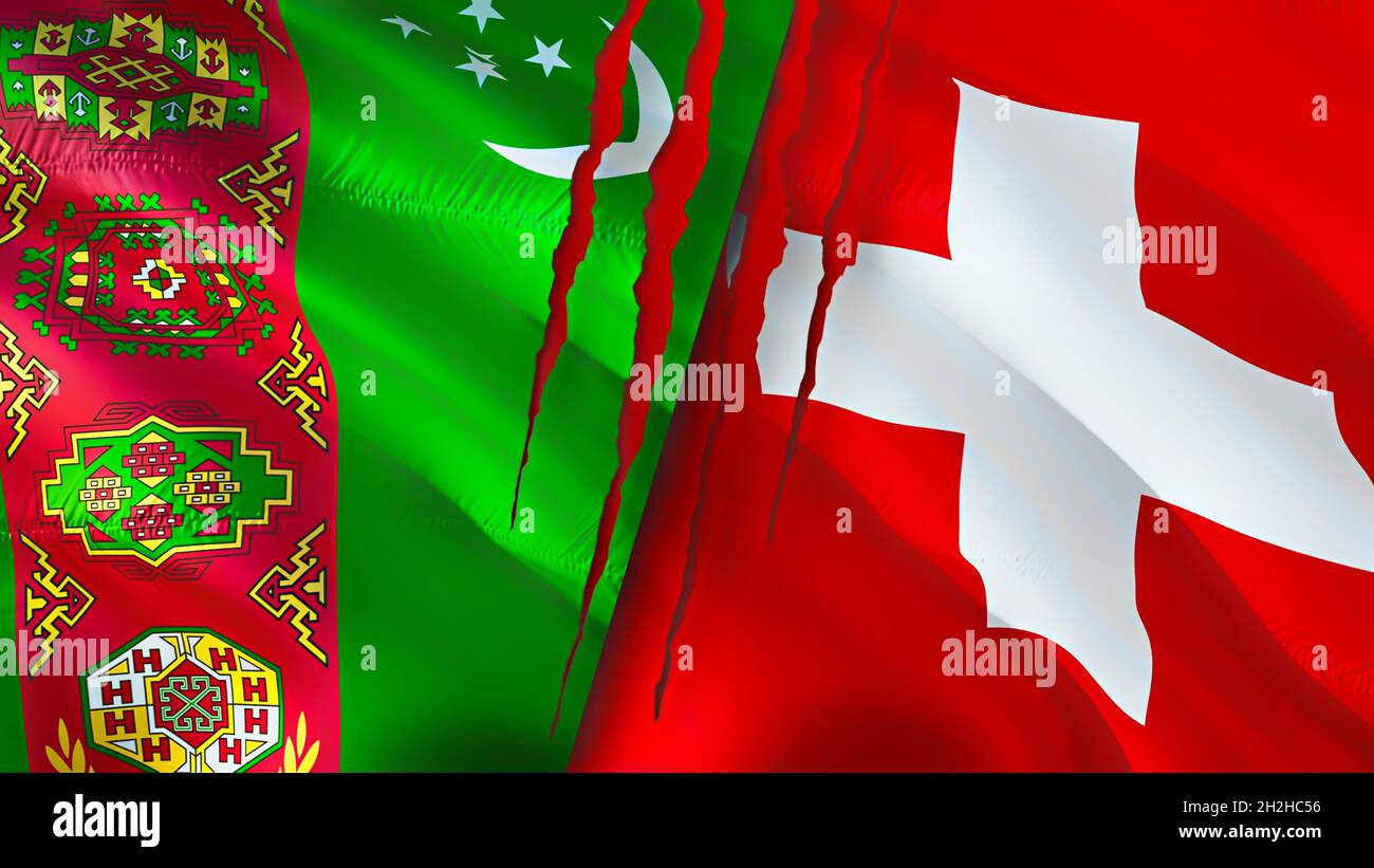 Turkmenistan and Switzerland flags with scar concept. Waving flag 3D ...