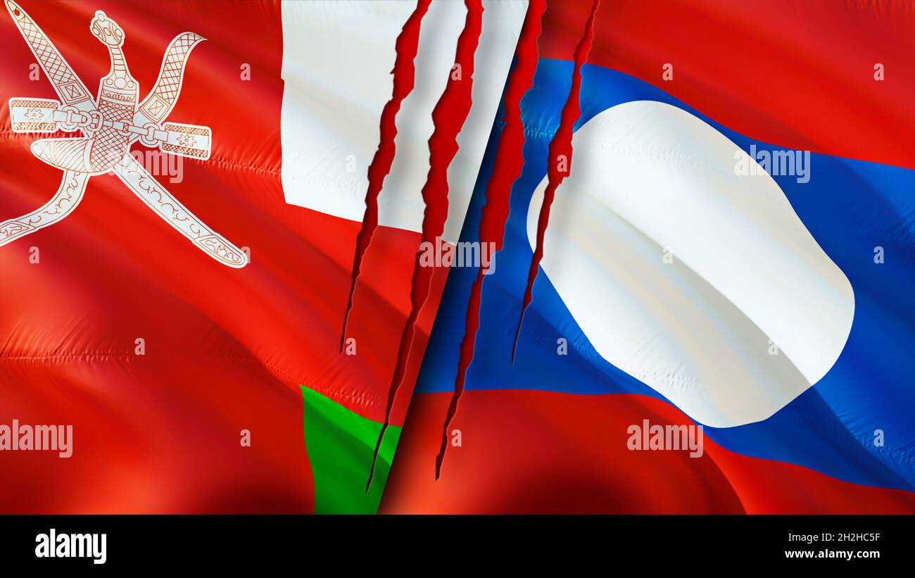 Oman and Laos flags with scar concept. Waving flag,3D rendering. Laos ...