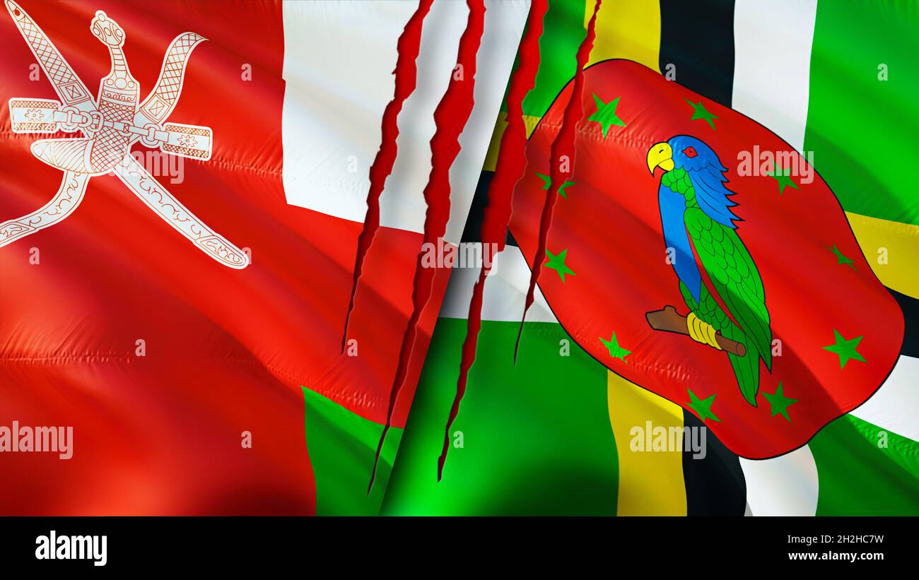 Oman and Dominica flags with scar concept. Waving flag,3D rendering ...