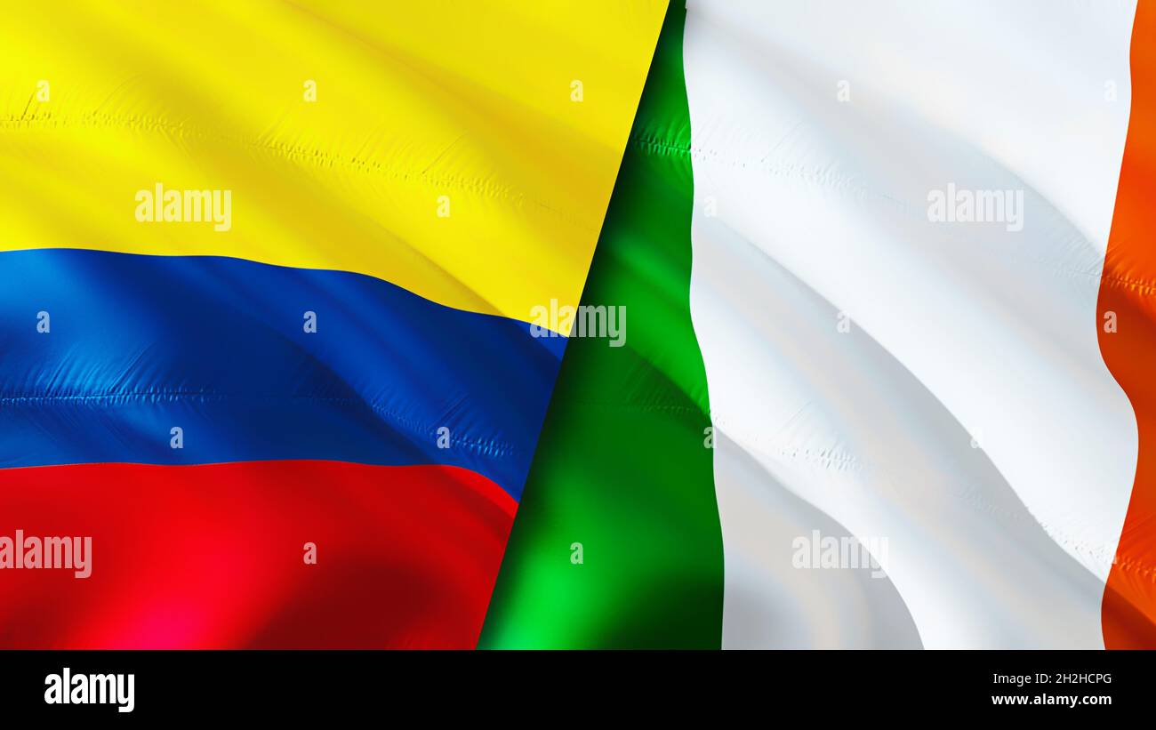 Colombia and Ireland flags. 3D Waving flag design. Colombia Ireland ...