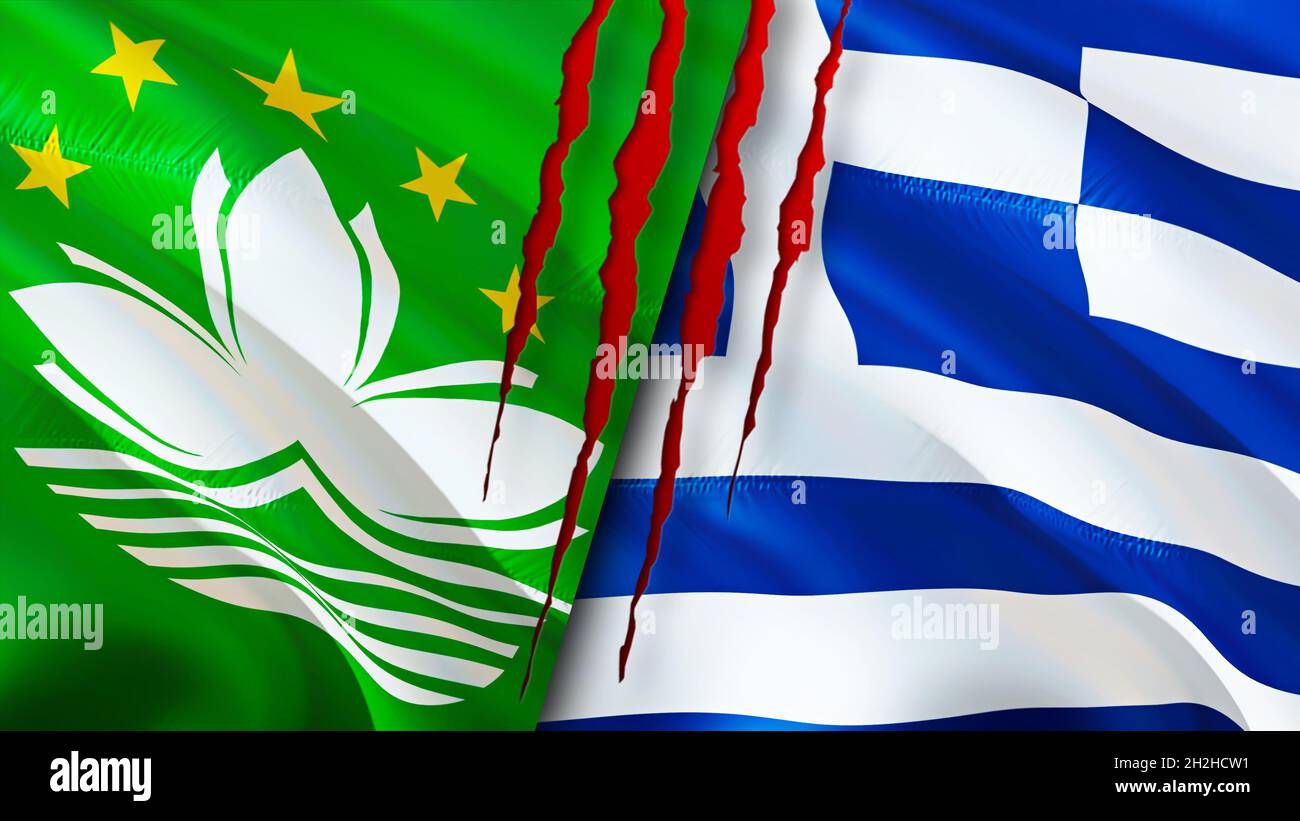 Macau and Greece flags with scar concept. Waving flag,3D rendering ...