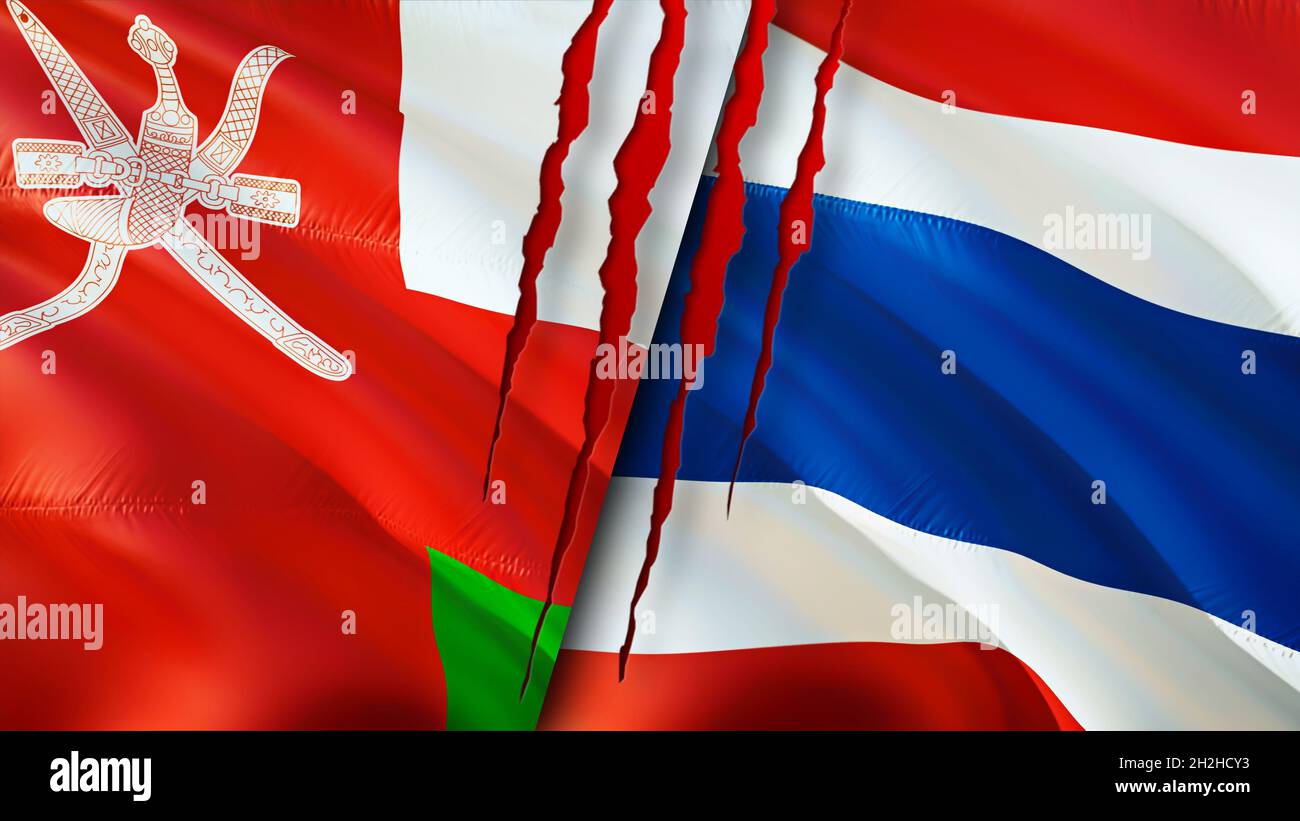 Oman and Thailand flags with scar concept. Waving flag,3D rendering ...