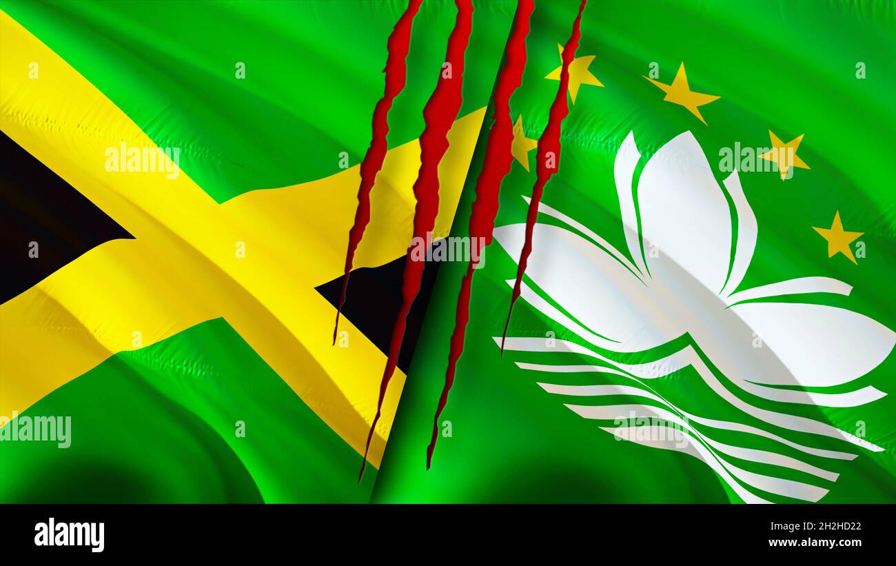 Jamaica and Macau flags with scar concept. Waving flag,3D rendering ...