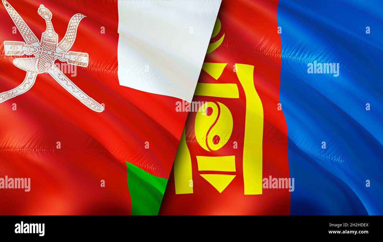 Oman and Mongolia flags. 3D Waving flag design. Mongolia Oman flag ...