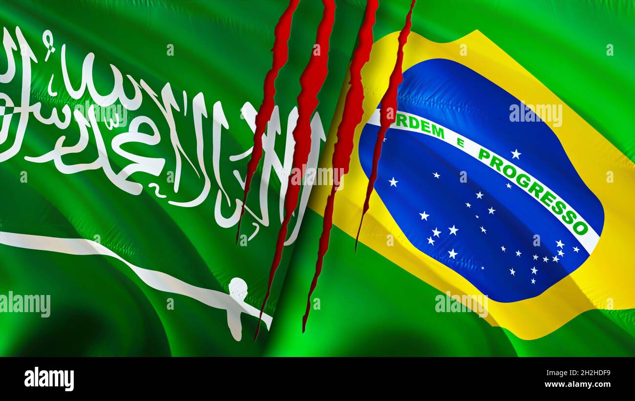 Saudi Arabia and Brazil flags with scar concept. Waving flag,3D ...