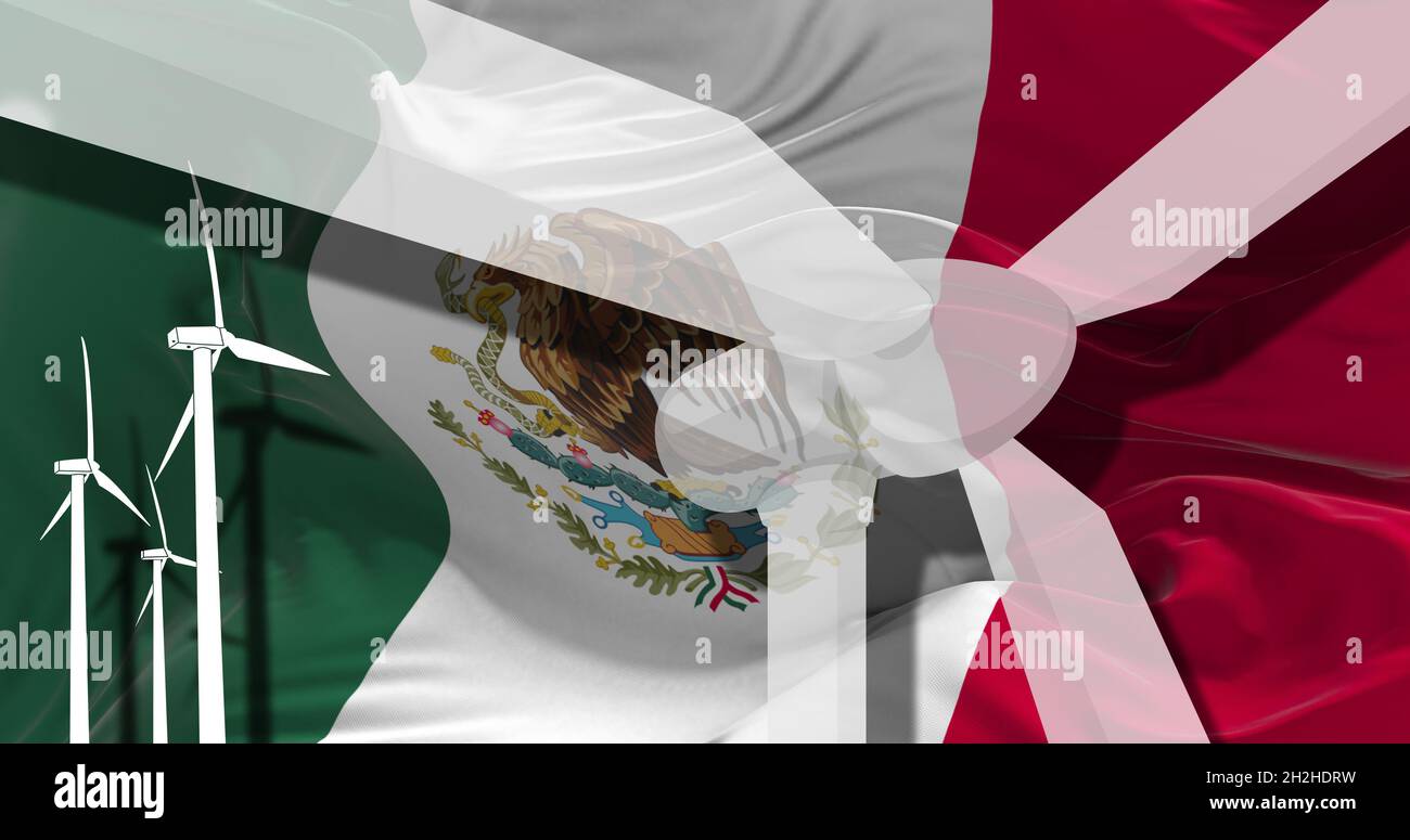 Wind turbines on background of Mexico flag. sustainable development ...