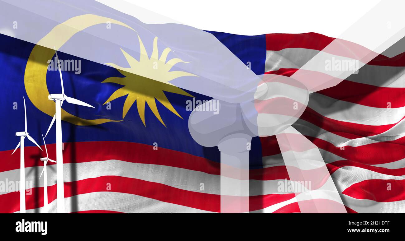 Wind turbines on background of Malaysia flag. sustainable development ...