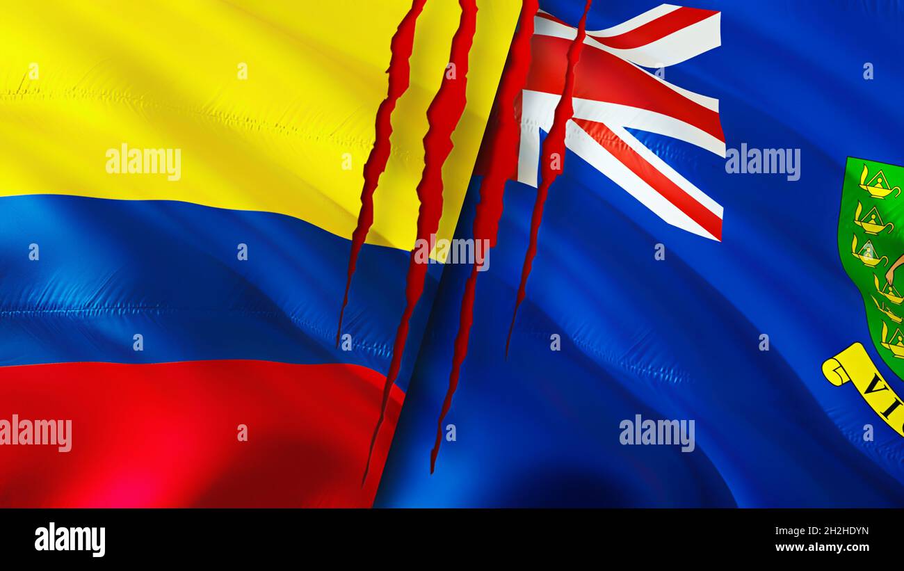Colombia and British Virgin Islands flags with scar concept. Waving ...
