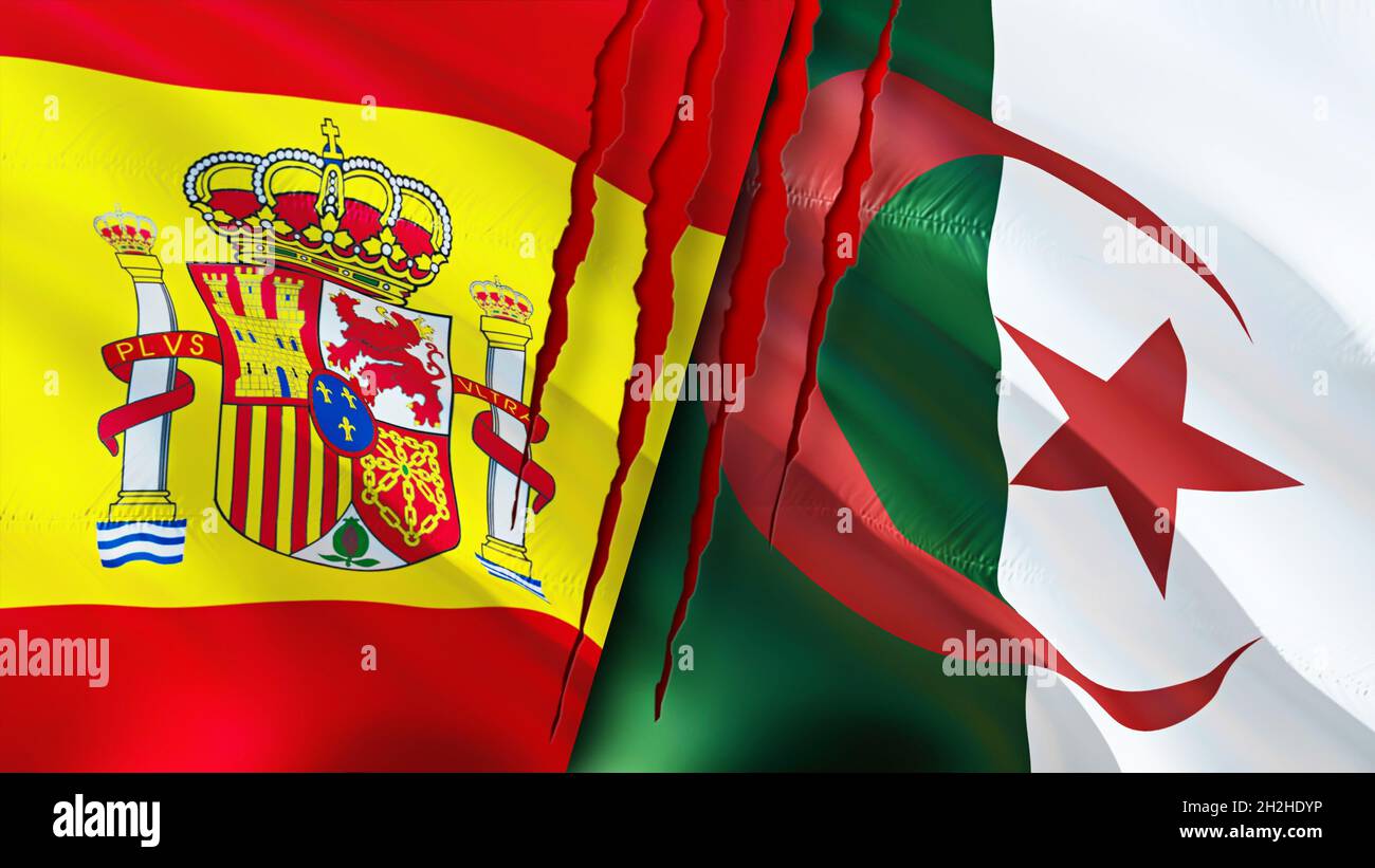 Spain and Algeria flags with scar concept. Waving flag,3D rendering ...
