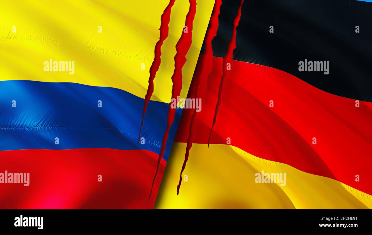 Colombia and Germany flags with scar concept. Waving flag 3D rendering ...