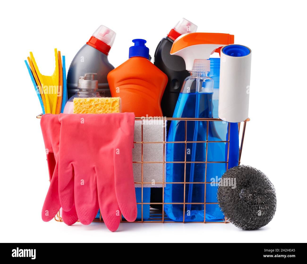 Cleaning items in basket isolated on white background Stock Photo - Alamy