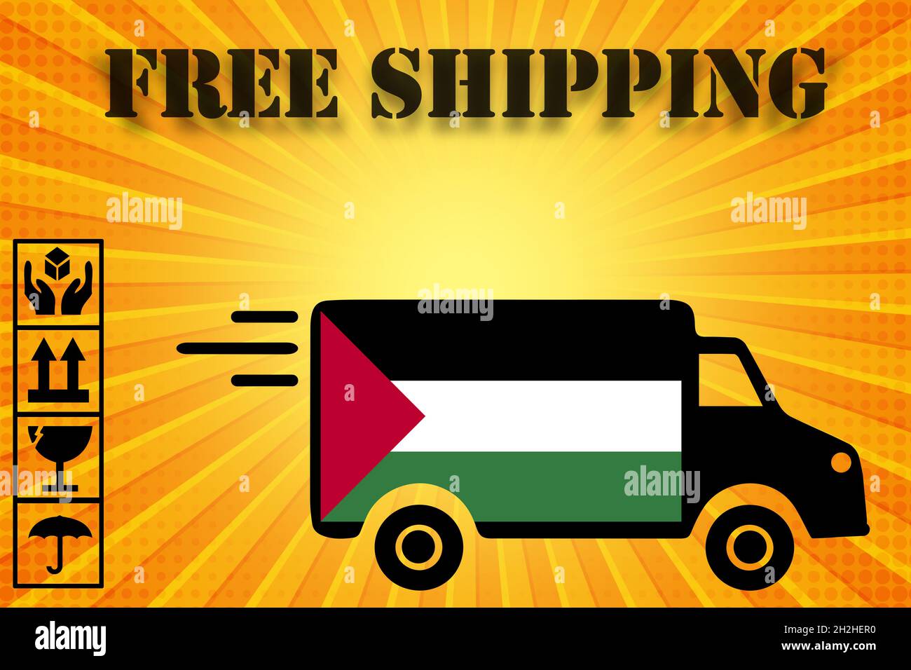Palestine Logistics Concept. black Commercial Industrial Cargo Delivery Van Truck Loaded with ...