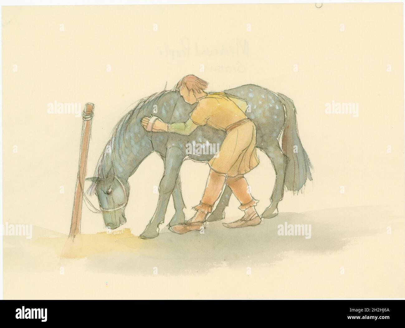 A reconstruction drawing of a medieval groom brushing a horse. The ...