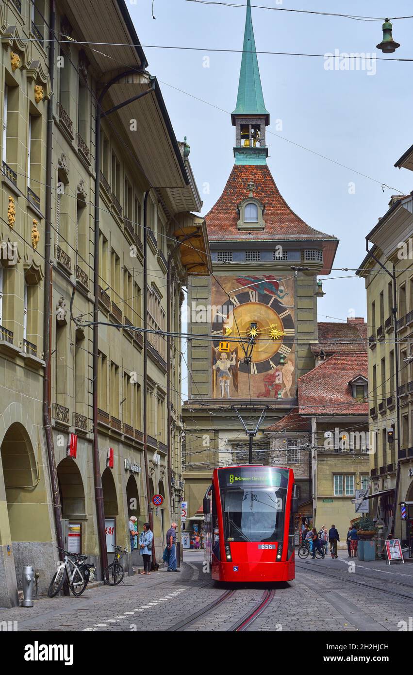 Traditional red trams at the streets of Bern, Switzerland Stock Photo ...