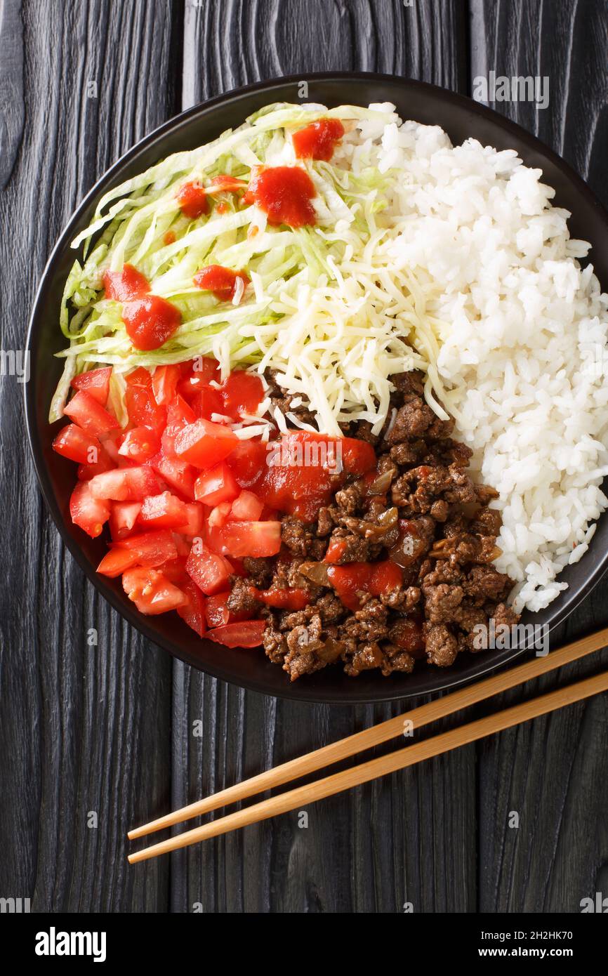 Takoraisu Okinawan Taco Rice with ground beef, vegetables, cheese and ...
