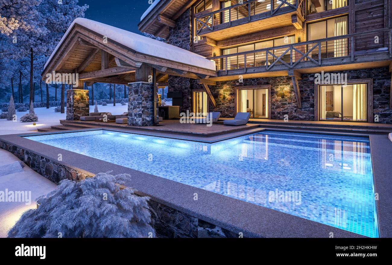 3d rendering of modern cozy chalet with pool and parking for sale or ...