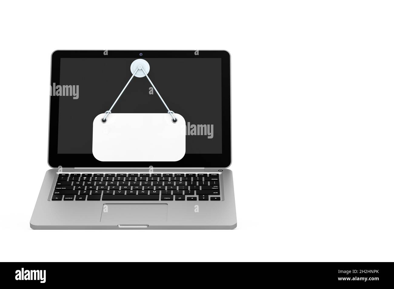 Modern Laptop and White Blank Hanging Banner Sign with Free Space for ...
