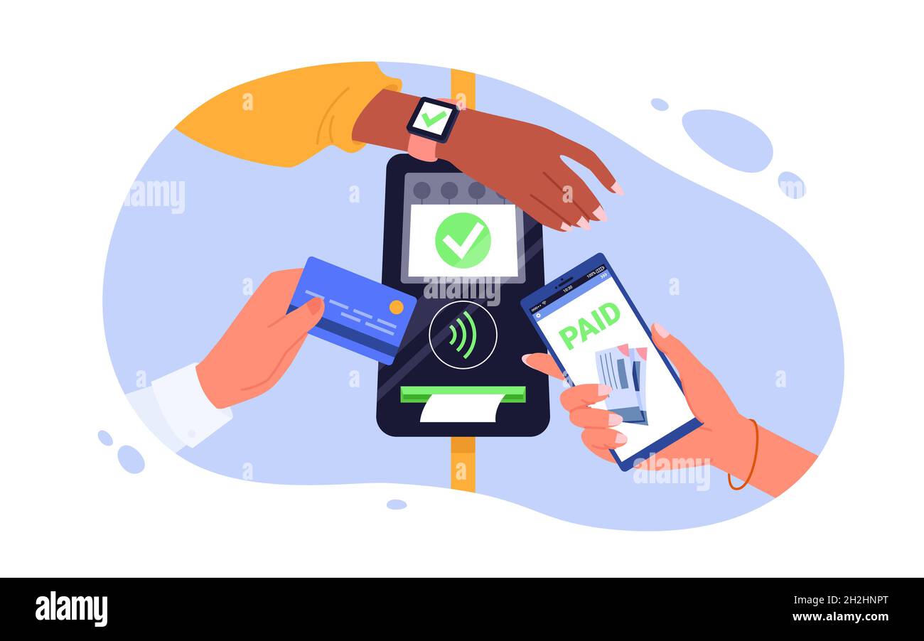 Hands with smartphone, smartwatch and bank card near POS terminal ...