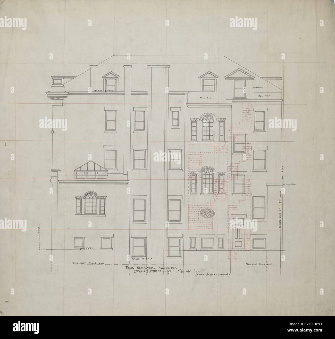 Bryan Lathrop House, Chicago, Illinois, Rear Elevation, c. 1892 Stock ...