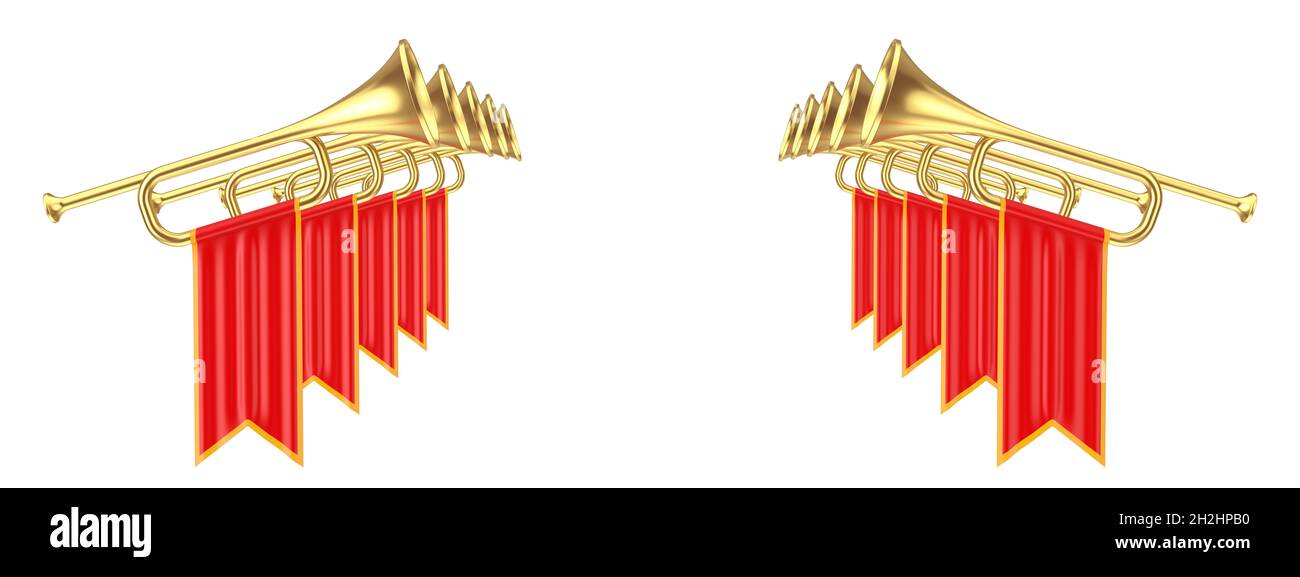 Golden Fanfare Trumpets with Red Flags on a white background. 3d ...