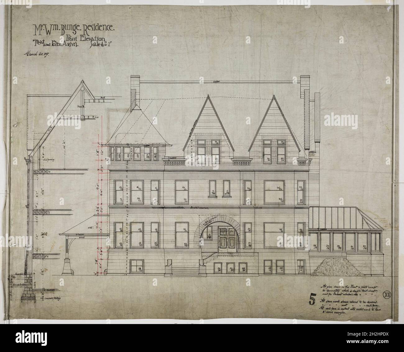 William Bunge House, Chicago, Illinois, Front Elevation, 1889/90 Stock ...
