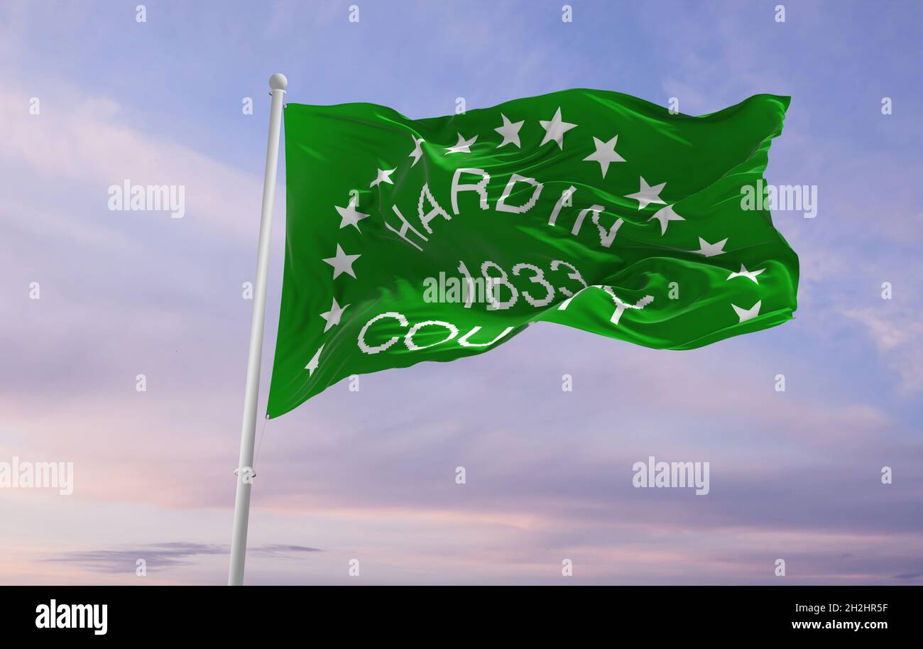 flag of county Hardin, Ohio , USA at cloudy sky background on sunset ...