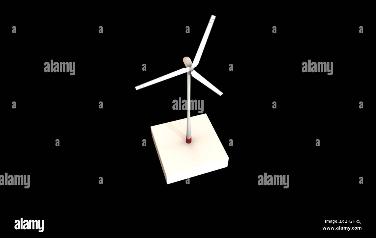 Abstract white windmill turbine with rotating blades isolated on black ...