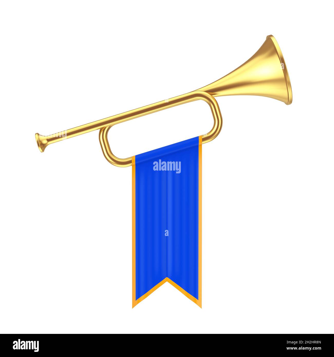 Golden Fanfare Trumpet with Blue Flag on a white background. 3d ...