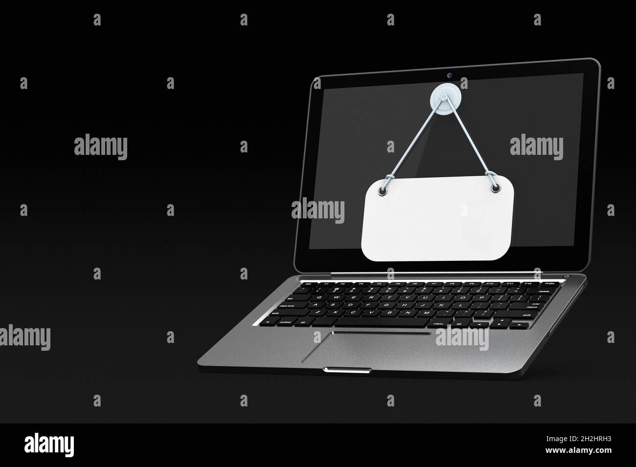 Modern Laptop and White Blank Hanging Banner Sign with Free Space for ...