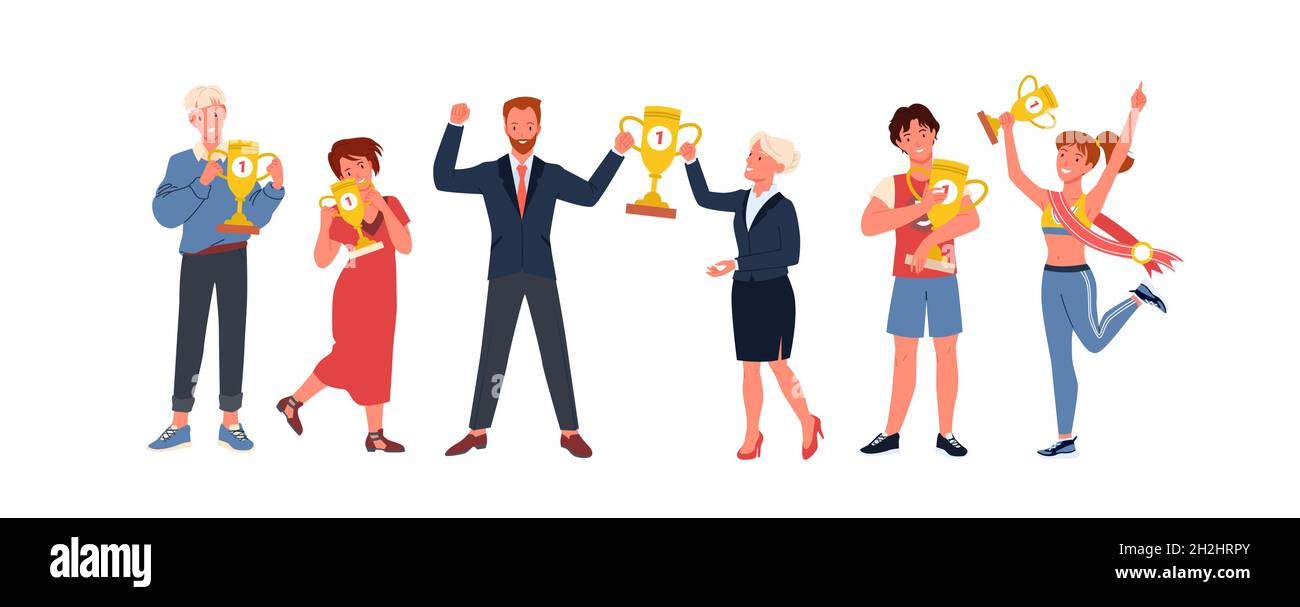 Cartoon sportswoman winning gold trophy cup at competition, business ...