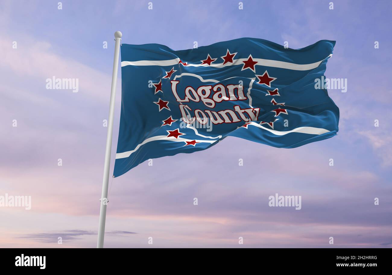 flag of county Logan, Ohio , USA at cloudy sky background on sunset ...