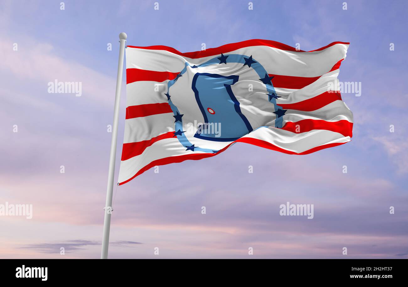 flag of county Madison, Ohio , USA at cloudy sky background on sunset ...