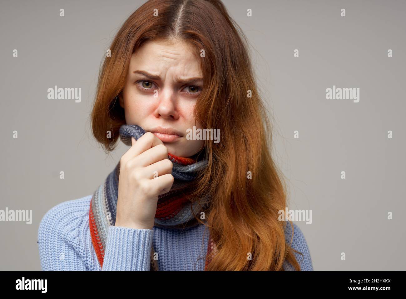woman health problems temperature isolated background Stock Photo - Alamy