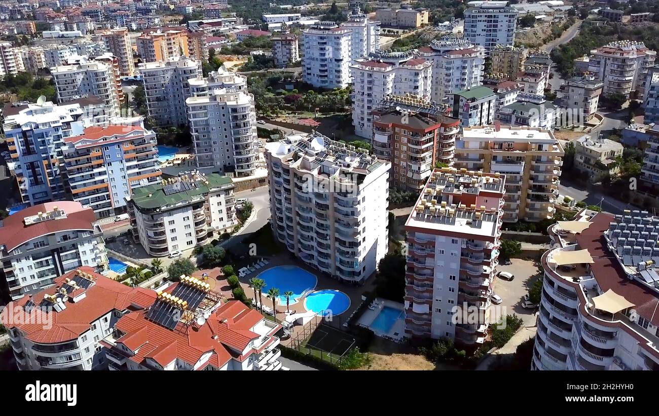 Top view of resort town with hotels. Clip. Numerous multi-storey hotels ...