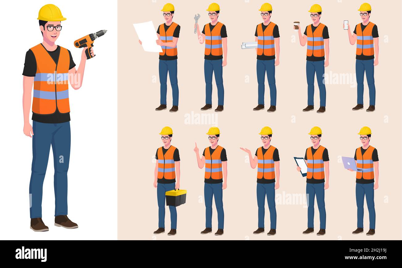 Construction Worker, Engineer Character Set With Different Poses ...