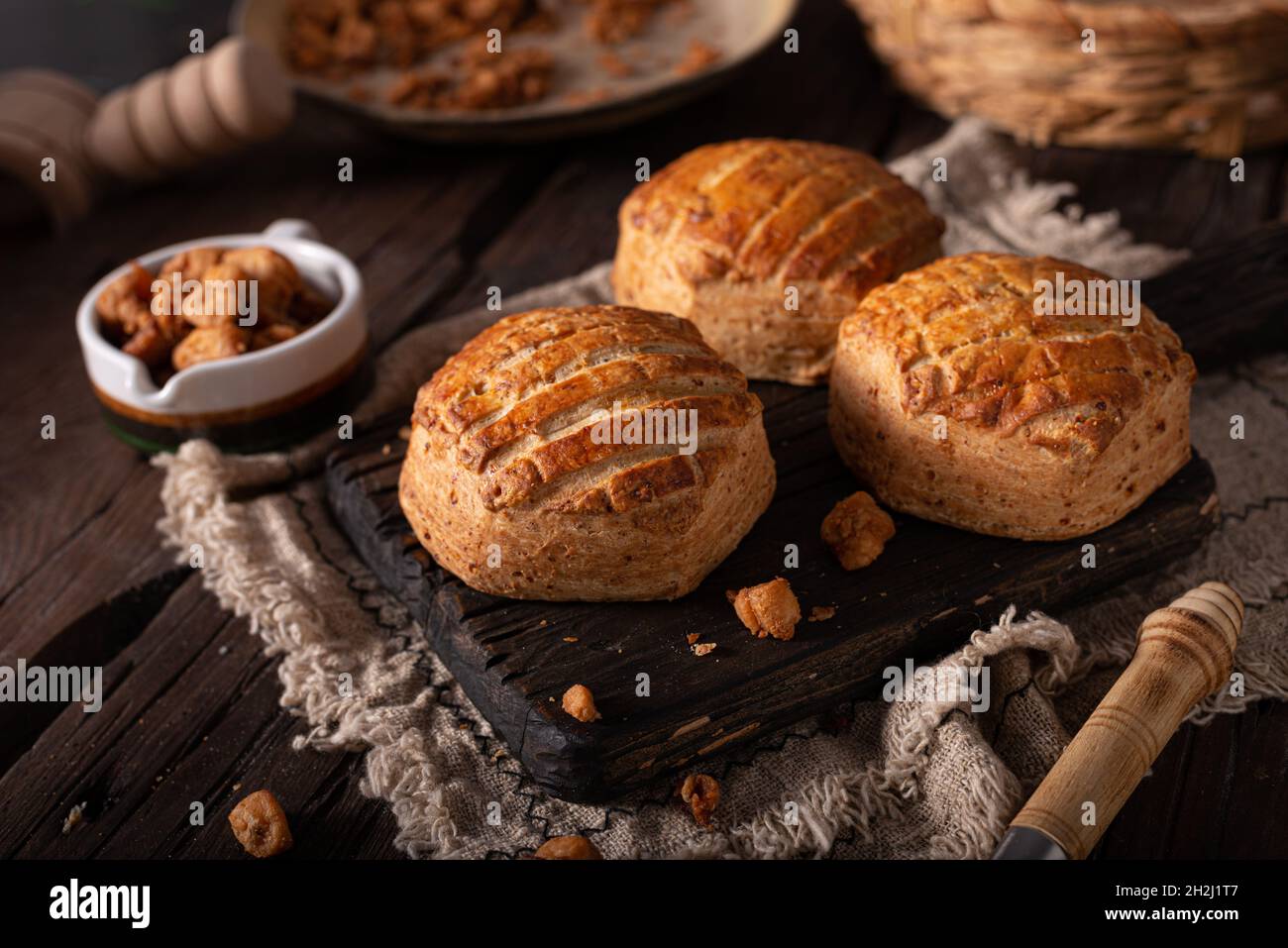Delicious homeade bun filled with pork greaves and garlic Stock Photo ...