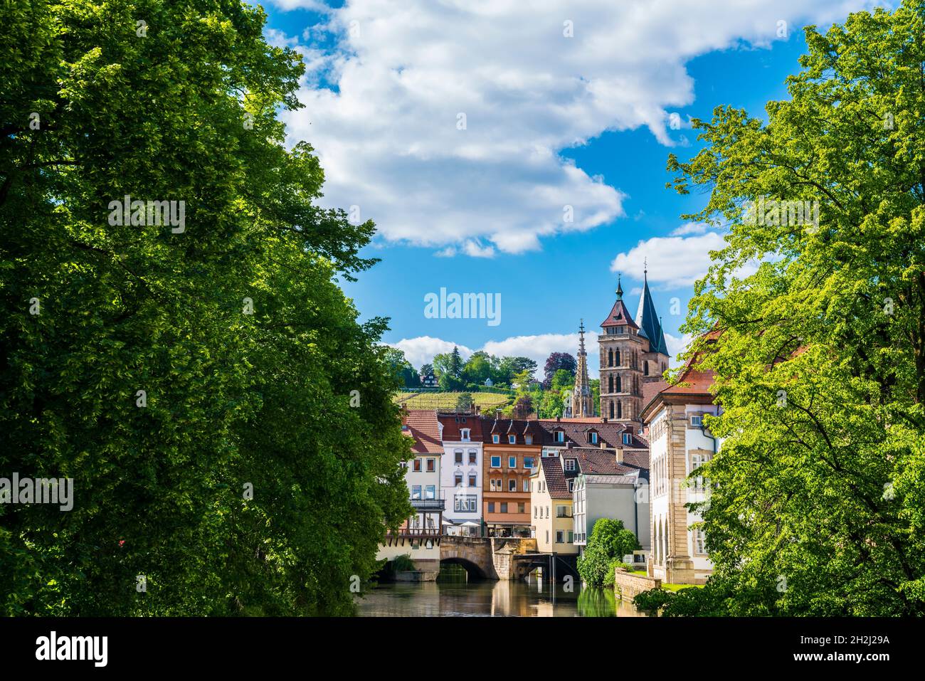 Germany, Esslingen am Neckar city old town houses and st dionys church ...