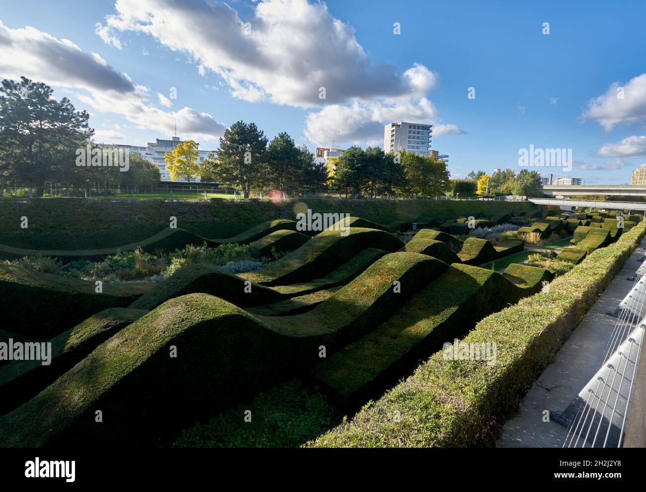 Green Dock topiary in the Thames Barrier Park in the area of Pontoon ...