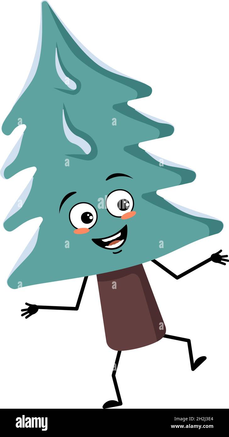 Cute Christmas tree with happy emotions, dancing, smile, hands and legs ...