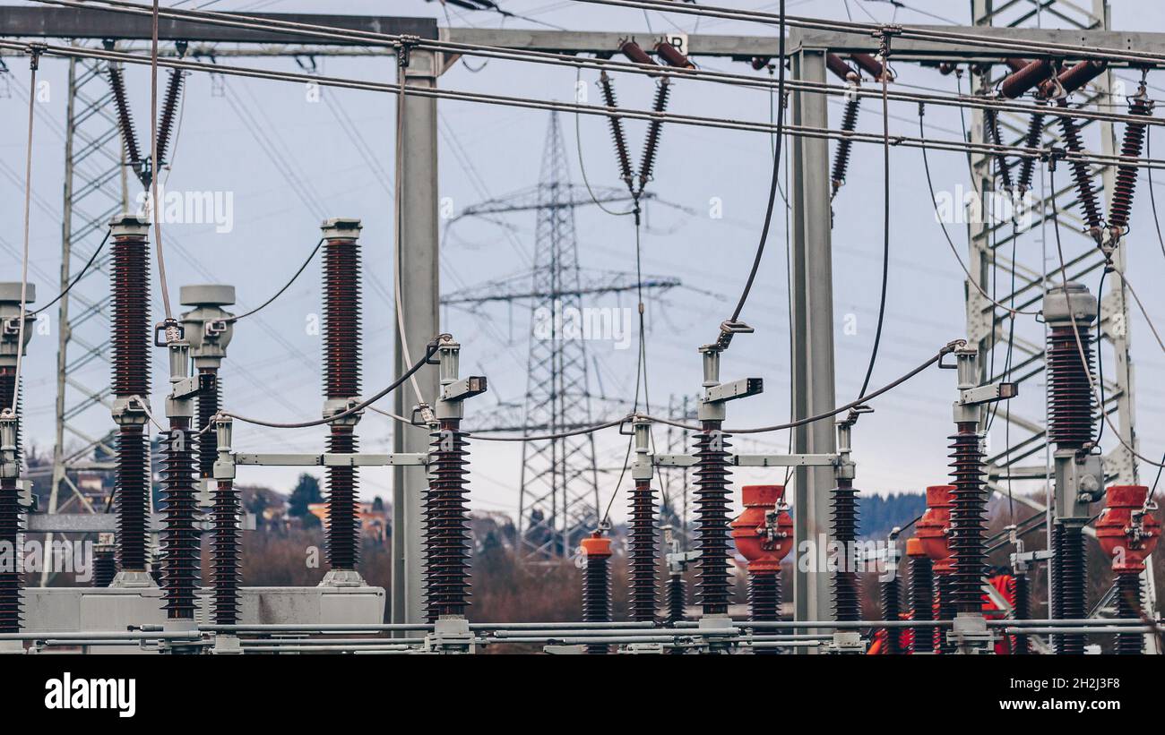 Distribution electric substation with power lines and transformers in ...