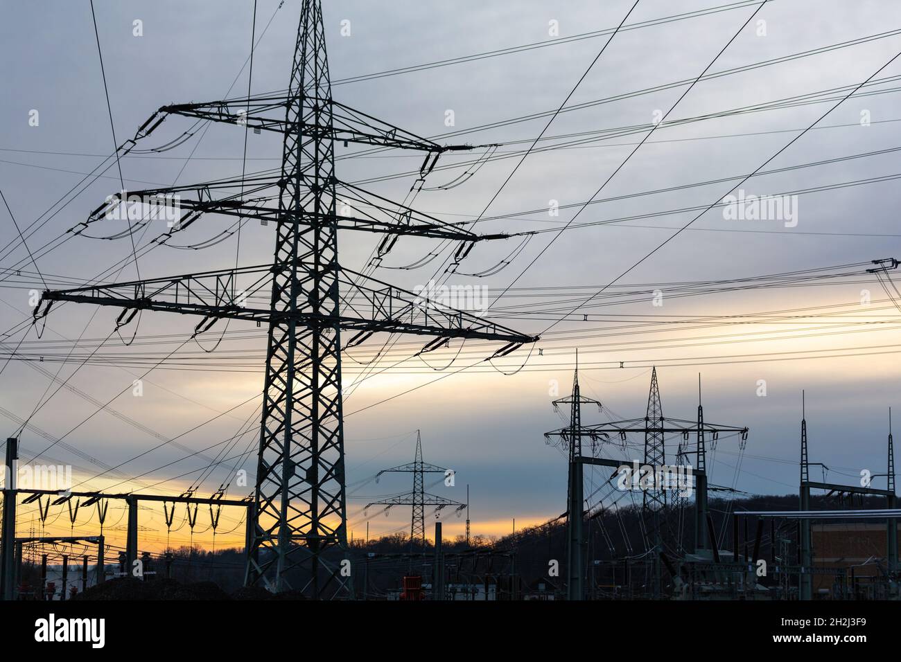 Distribution electric substation with power lines and transformers in ...